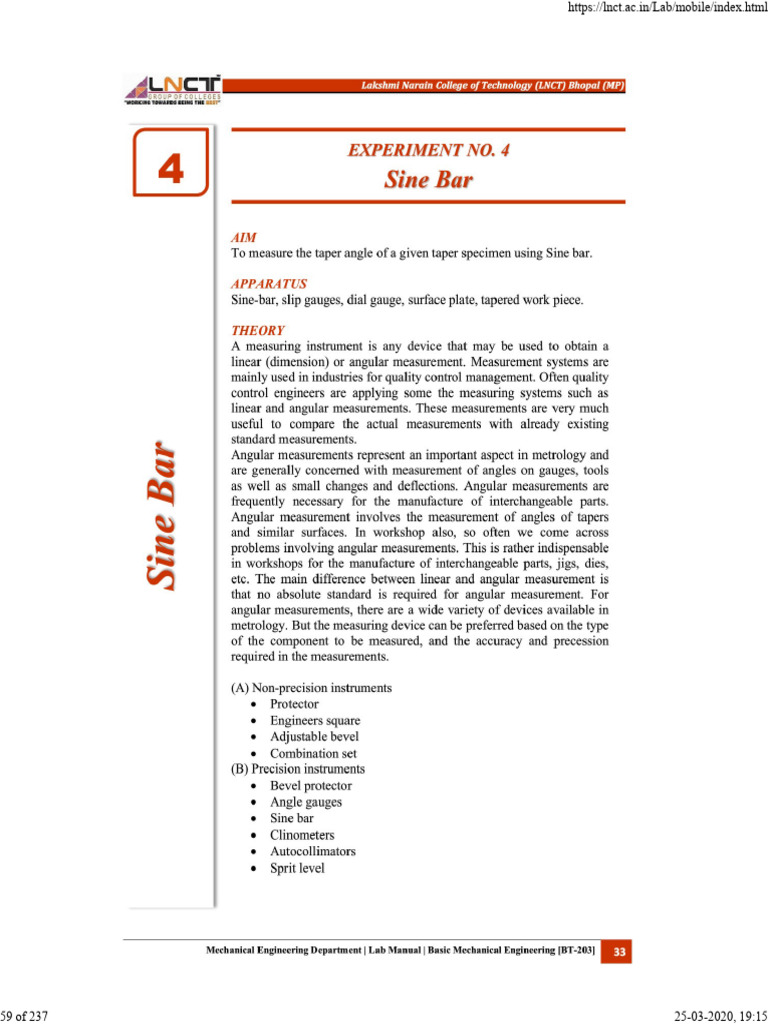 Experiment No 4 Sine Bar | PDF