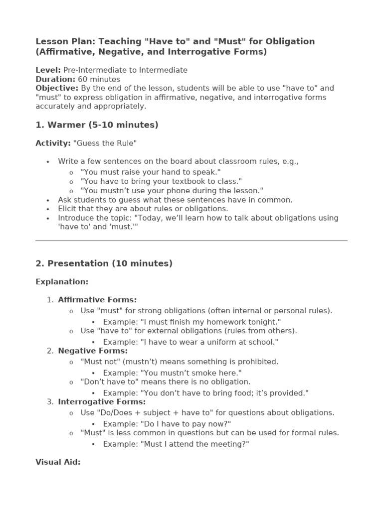 Lesson Plan - Obligation and Prohibition - Have To Must | PDF | Lesson ...