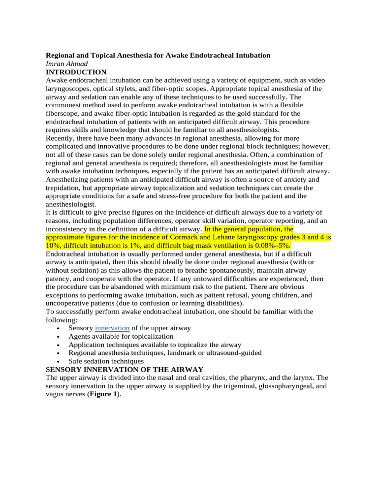 Awake Endotracheal Intubation Techniques | PDF | Larynx | Anesthesia