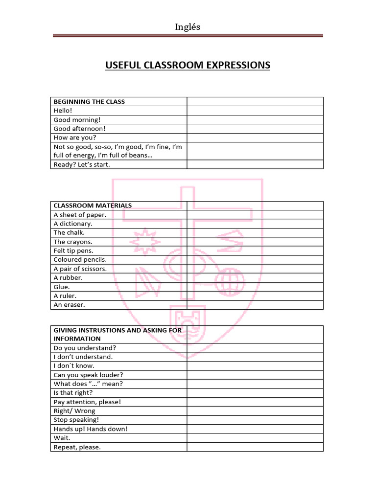 Useful Classroom Expressions (English) | PDF