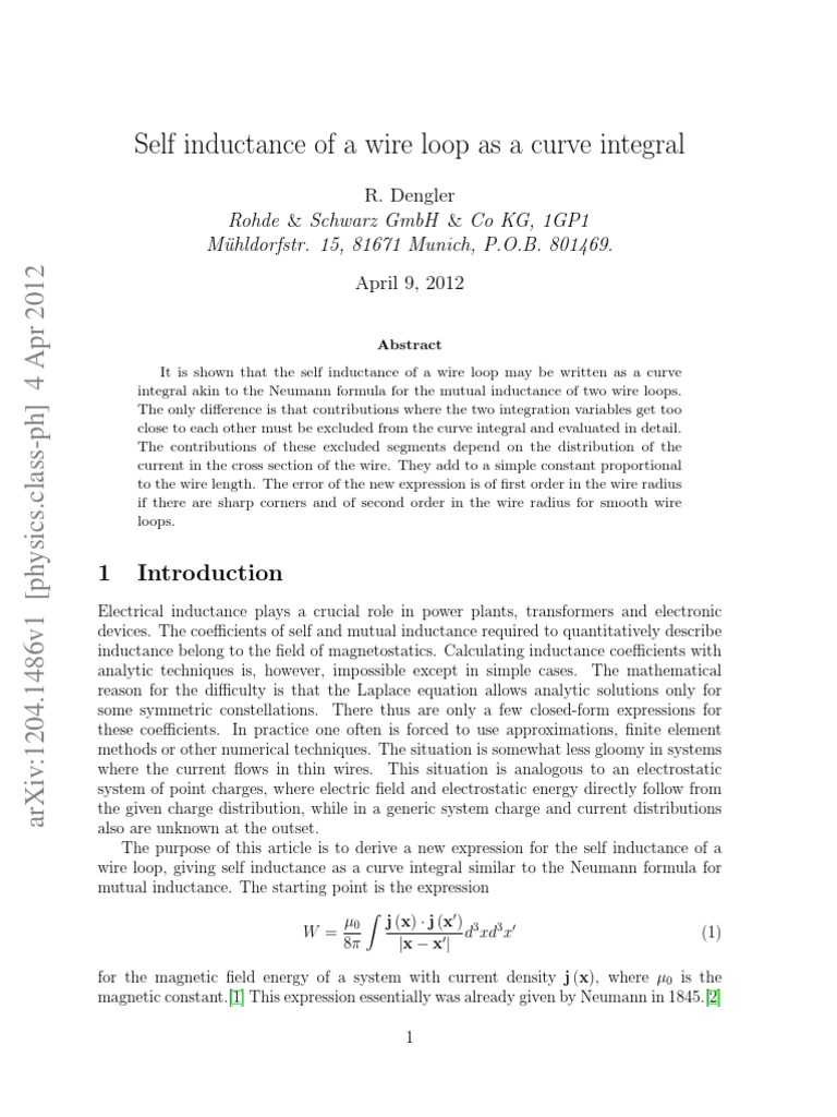Self Inductance of A Wire Loop As A Curve Integral | PDF | Inductance ...