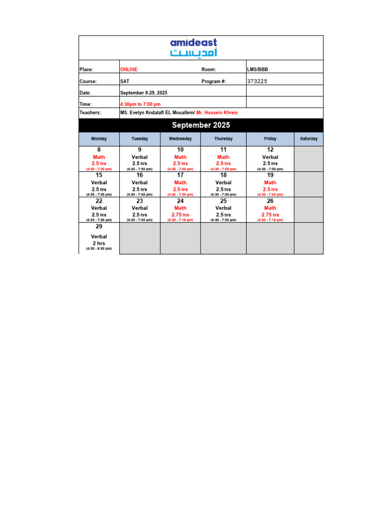 September 2025 SAT Course Schedule | PDF
