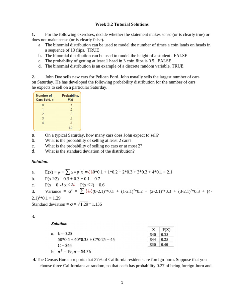 Binomial Distribution Tutorial Solutions | PDF | Probability ...