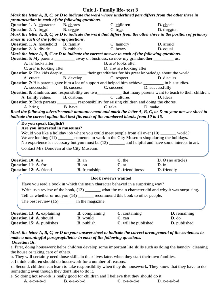 Family Life Test Questions and Answers | PDF | Professional Skills ...