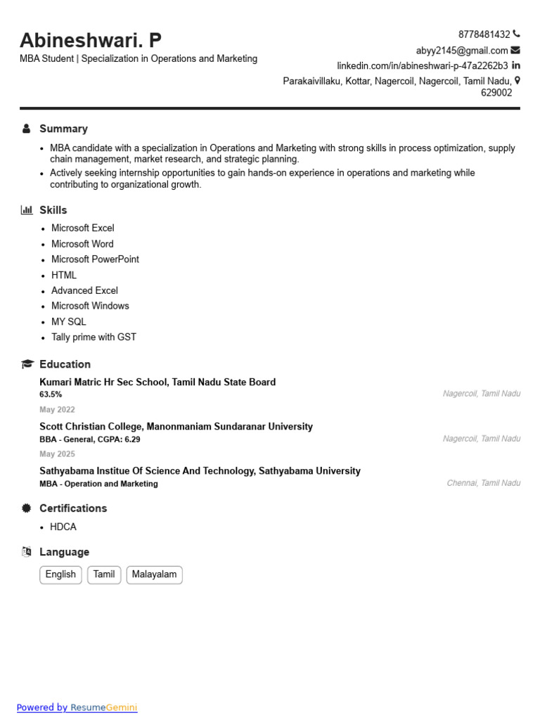 MBA Operations & Marketing Intern Resume | PDF