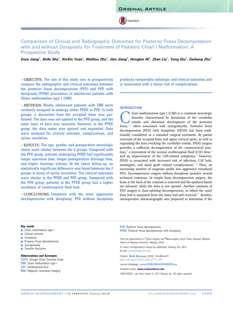 Comparison of Clinical and Radiographic Outcomes For Posterior Fossa ...
