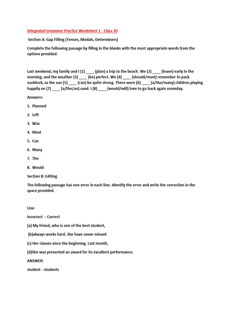 Class 10 Integrated Grammar Worksheet | PDF | Language Mechanics ...