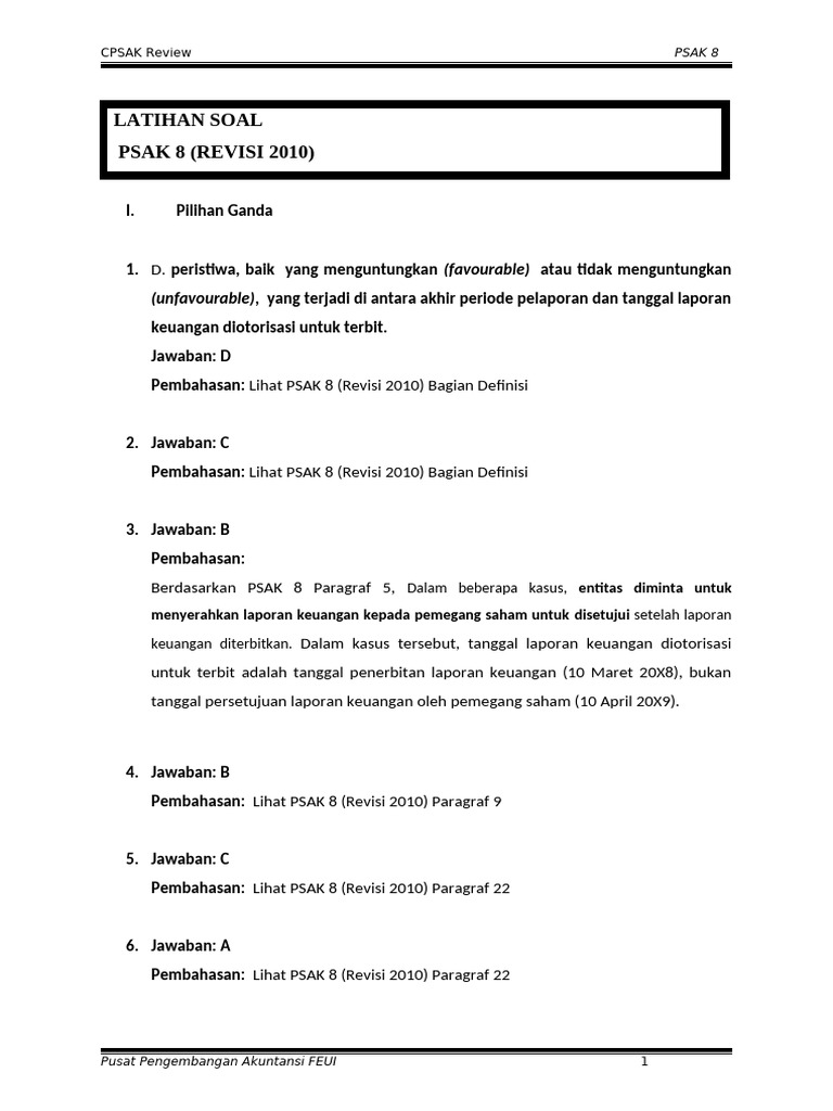 Latihan Soal CPSAK PSAK 8 Revisi 2010 | PDF