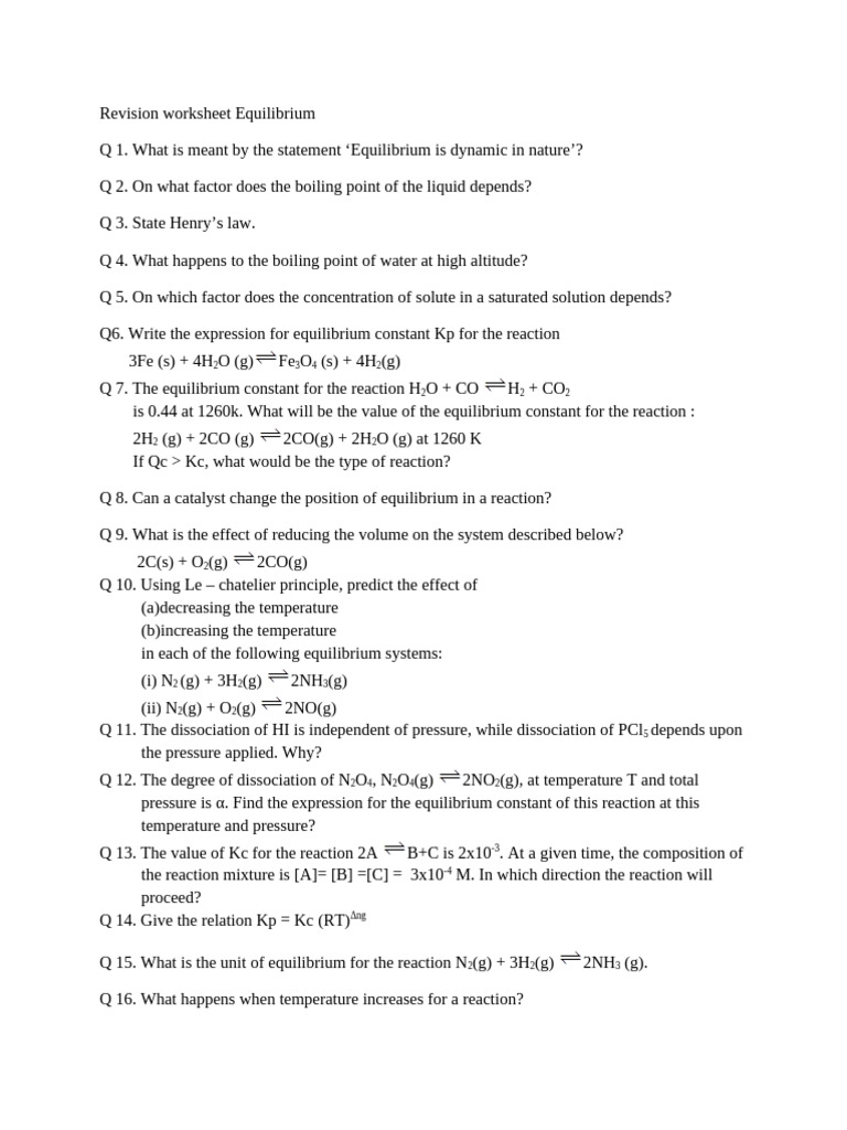 Revision Worksheet Equilibrium | PDF | Acid | Buffer Solution