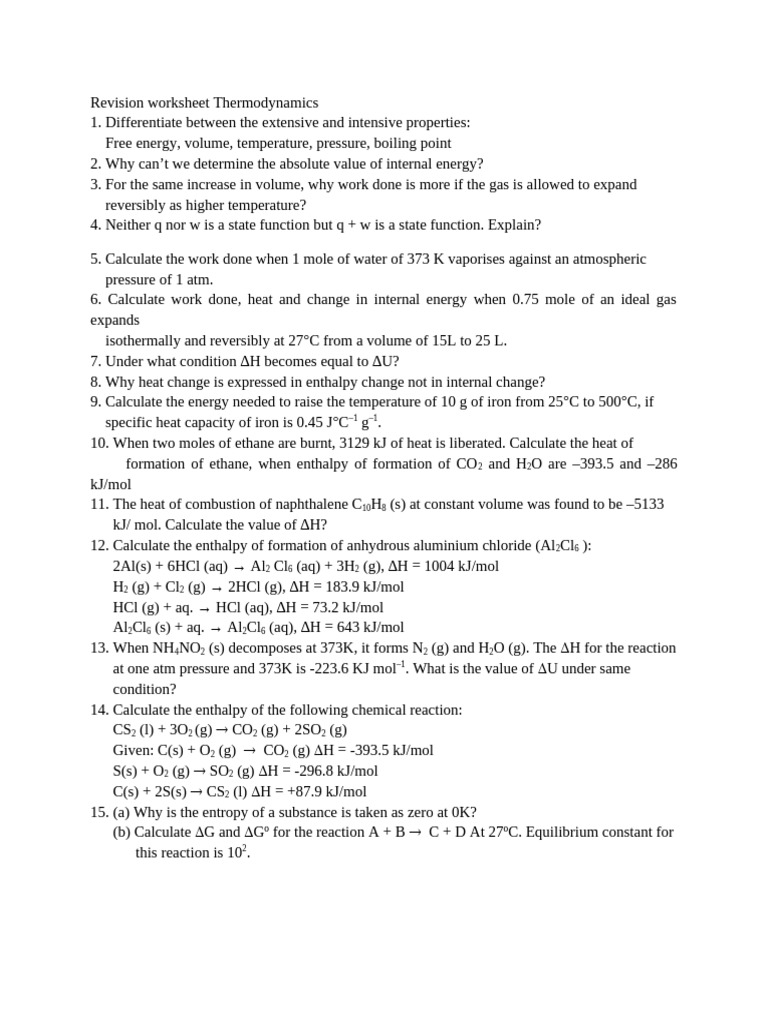 Revision Worksheet Thermodynamics | PDF