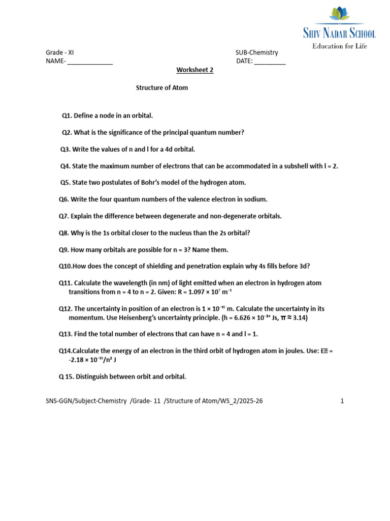 Grade 11 Chemistry: Atom Structure Worksheet | PDF