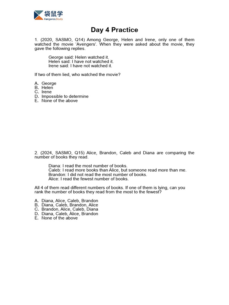 Logic Puzzle Practice Questions | PDF