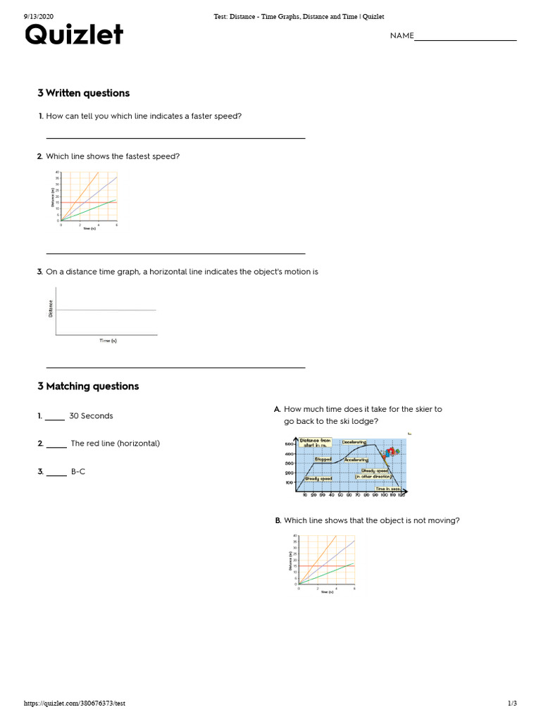 Distance-Time Graphs Quiz Test | PDF | Speed