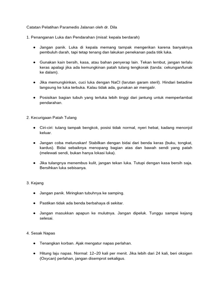 Catatan Pelatihan Paramedis Jalanan Oleh DR | PDF
