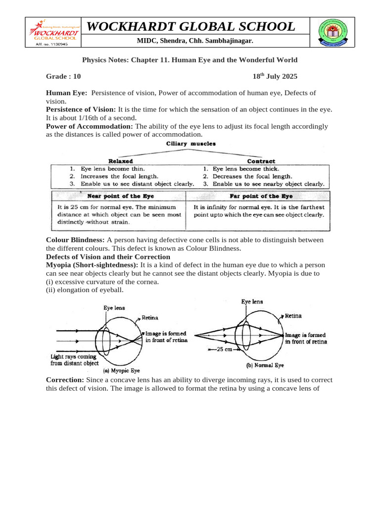 Grade 10 Physics Notes Chap. Human Eye and The Colourful World | PDF ...