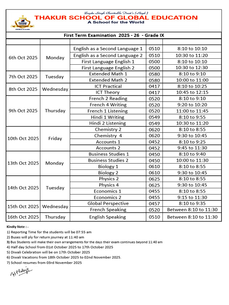 Grade 9 - 1st Term Exam Time Table With Syllabus 2025-26 | PDF | Algebra | Business