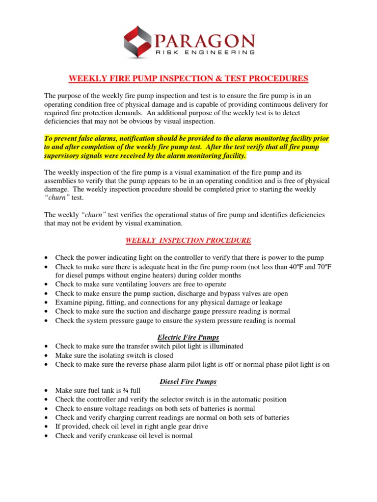 Weekly Fire Pump Inspection Guide | PDF | Pump | Diesel Engine