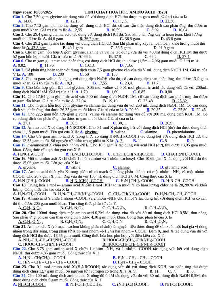 B20 - TCHH Amino Acid (Đáp Án) | PDF