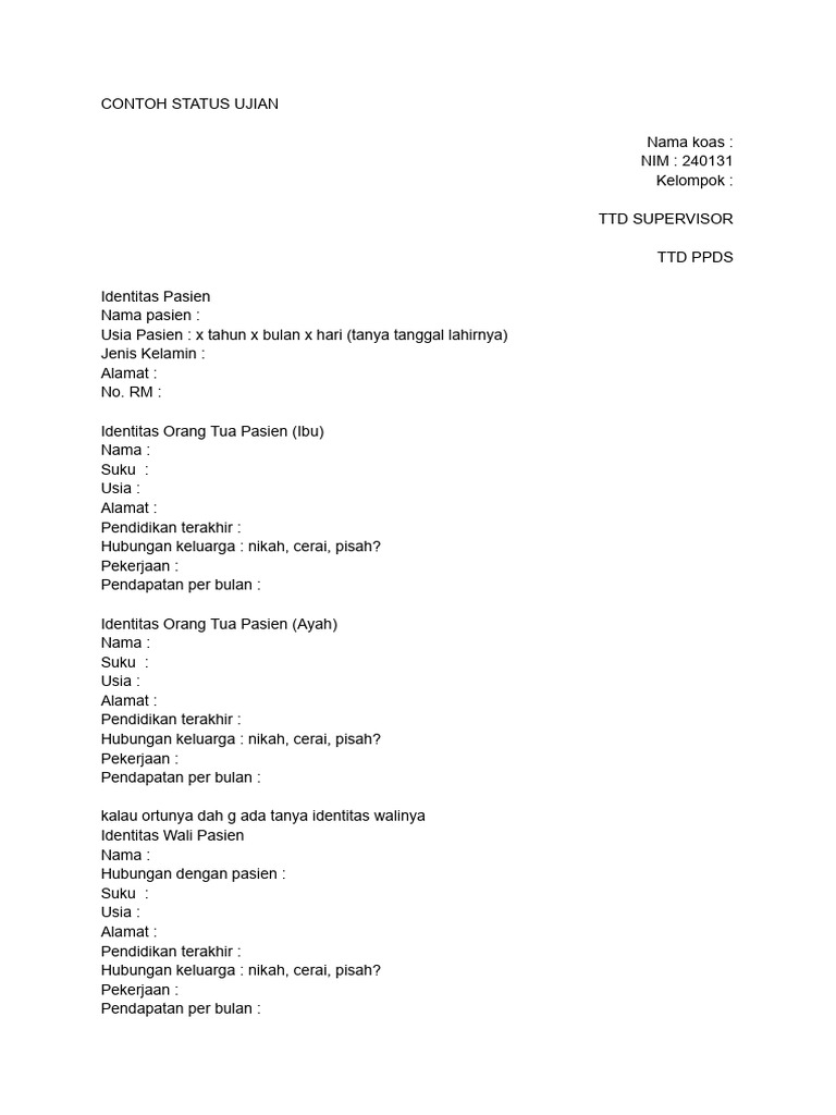 Contoh Status Ujian Medis Pasien | PDF