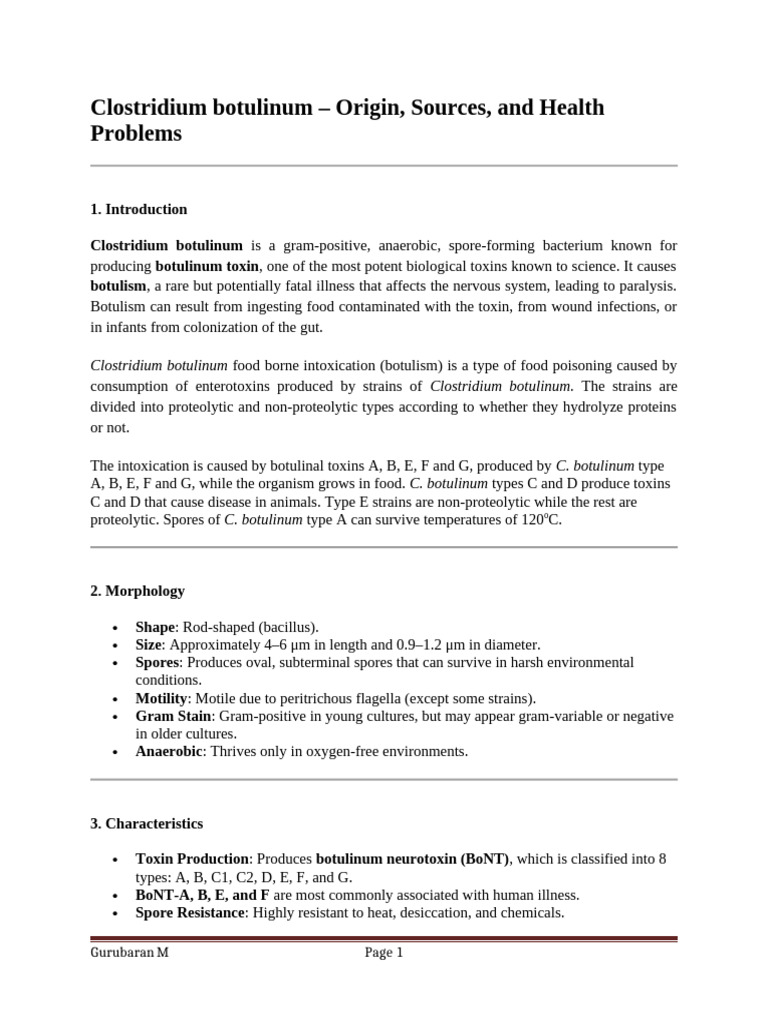 Clostridium Botulinum - Origin - Sources - Health Problems | PDF ...