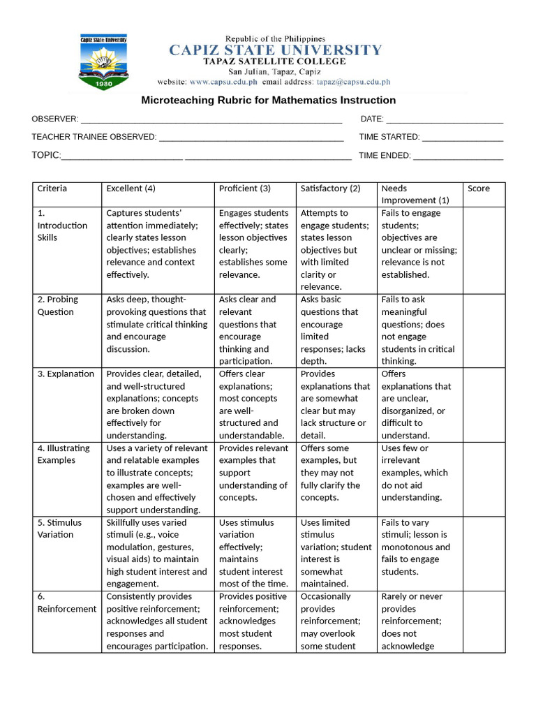 Microteaching Rubric For Mathematics Instruction | PDF | Reinforcement | Critical Thinking
