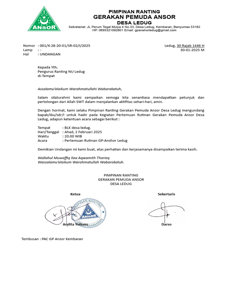 Undangan Pertemuan GP Ansor Ledug | PDF