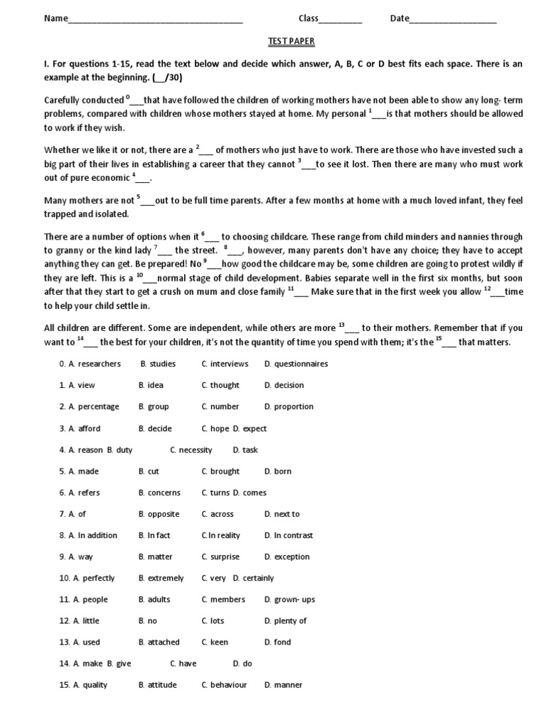 I. For Questions 1-15, Read The Text Below and Decide Which Answer, A, B, C or D Best Fits Each ...