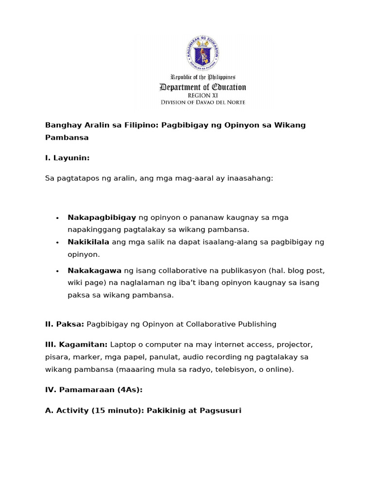 Banghay Aralin Sa Filipino 11 (Collaborative Publishing Integration) | PDF