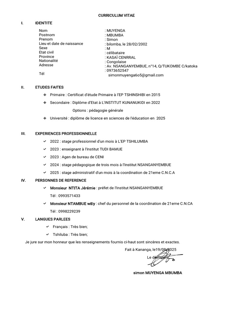 CV de Simon Muyenga Mbumba | PDF