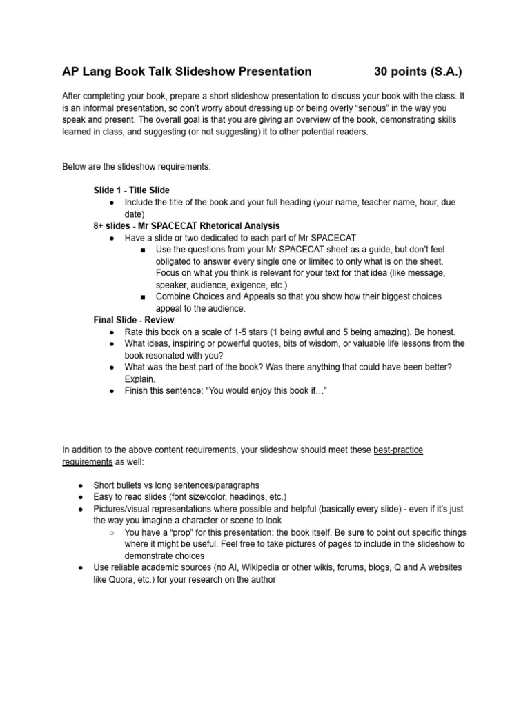 AP Lang Book Talk Slideshow Guide | PDF | Human Communication