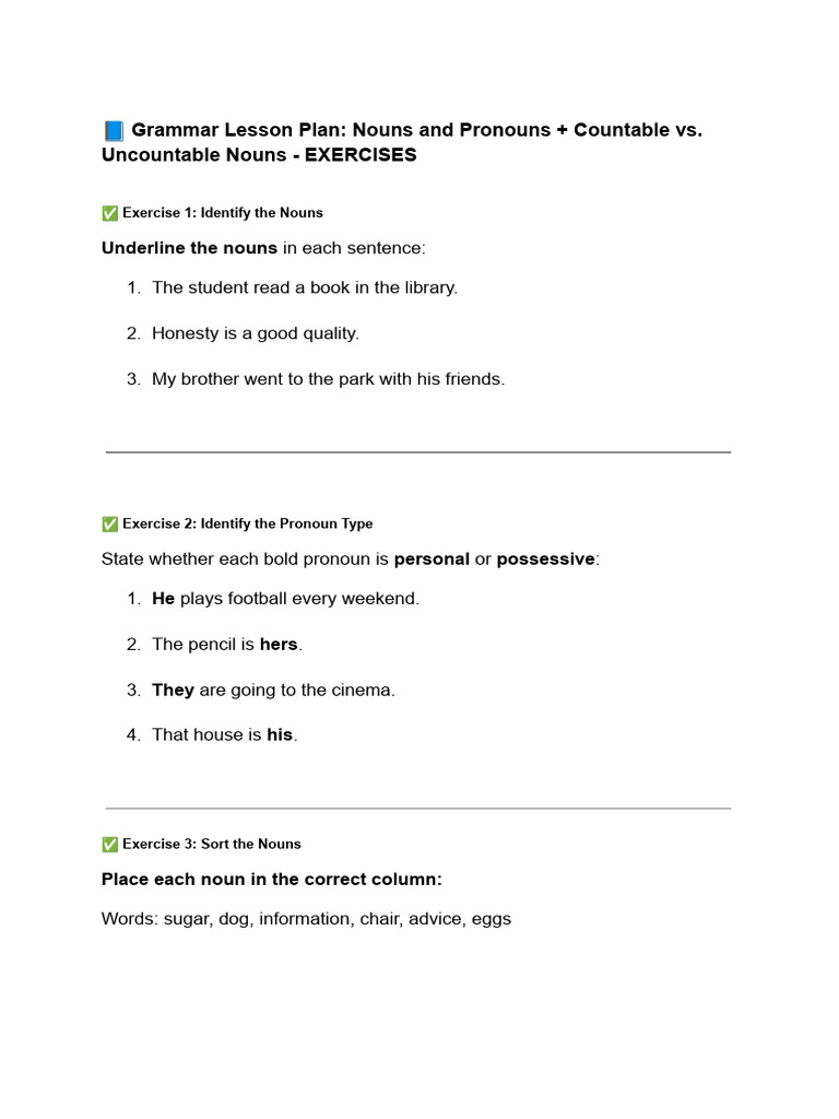 ? Grammar Lesson Plan: Nouns and Pronouns + Countable Vs | PDF