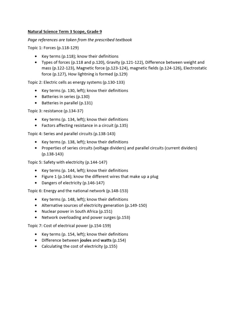 GR 9 Natural Science Term 3 Scope AFR Eng | PDF | Series And Parallel ...