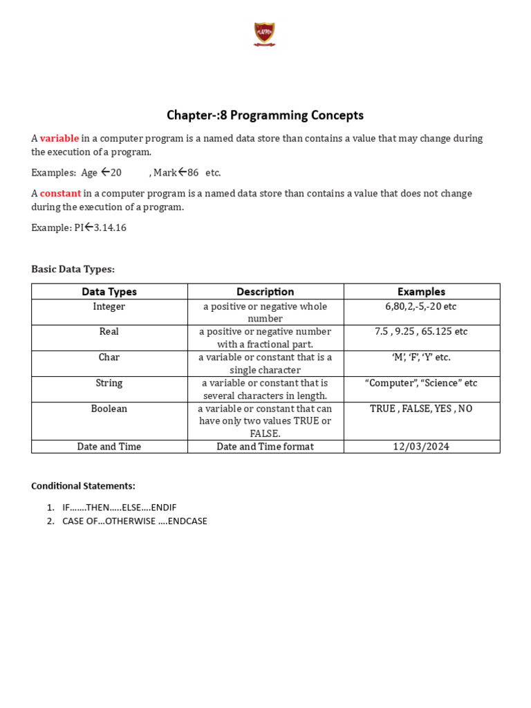 Programming Concepts for Class IX | PDF | Control Flow | Data Type