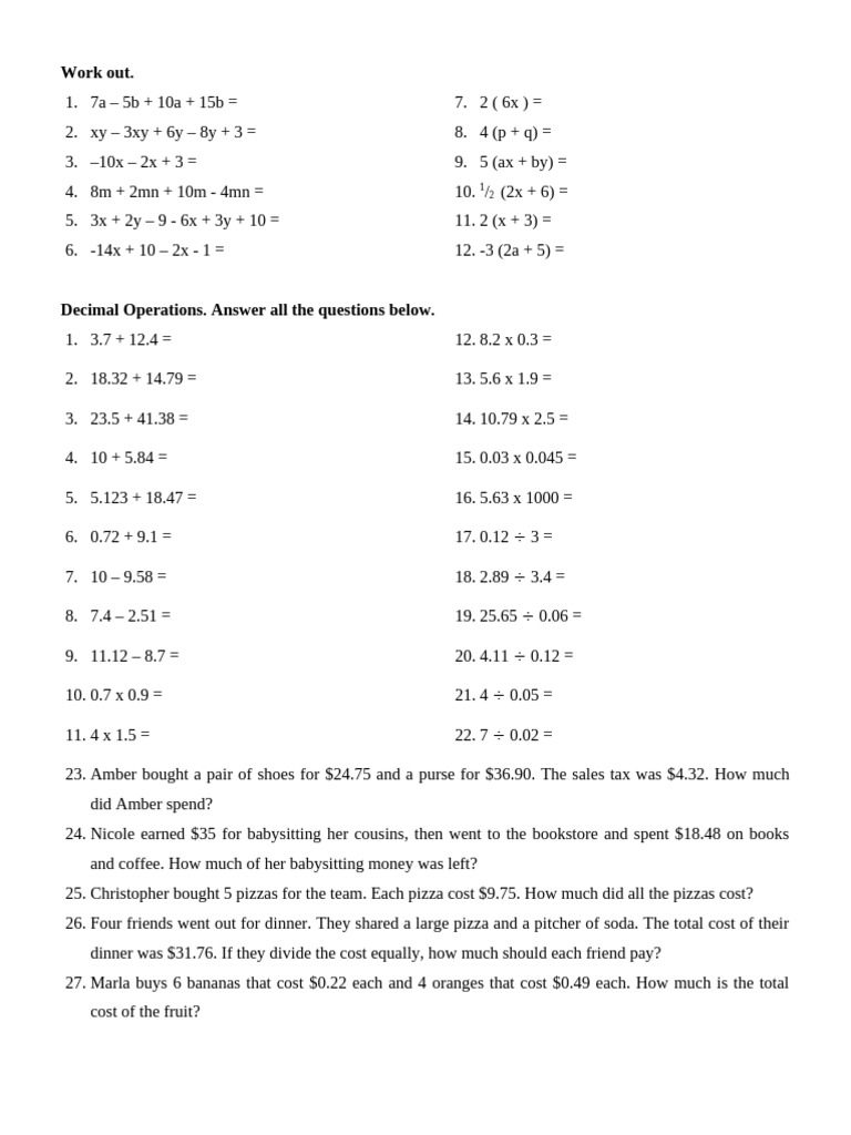 Algebra and Decimal Operations Exercises | PDF