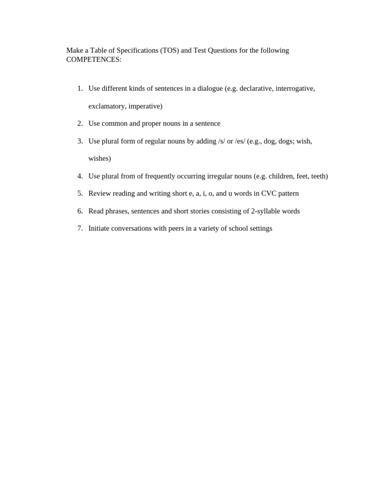 Table of Specifications for Language Skills | PDF