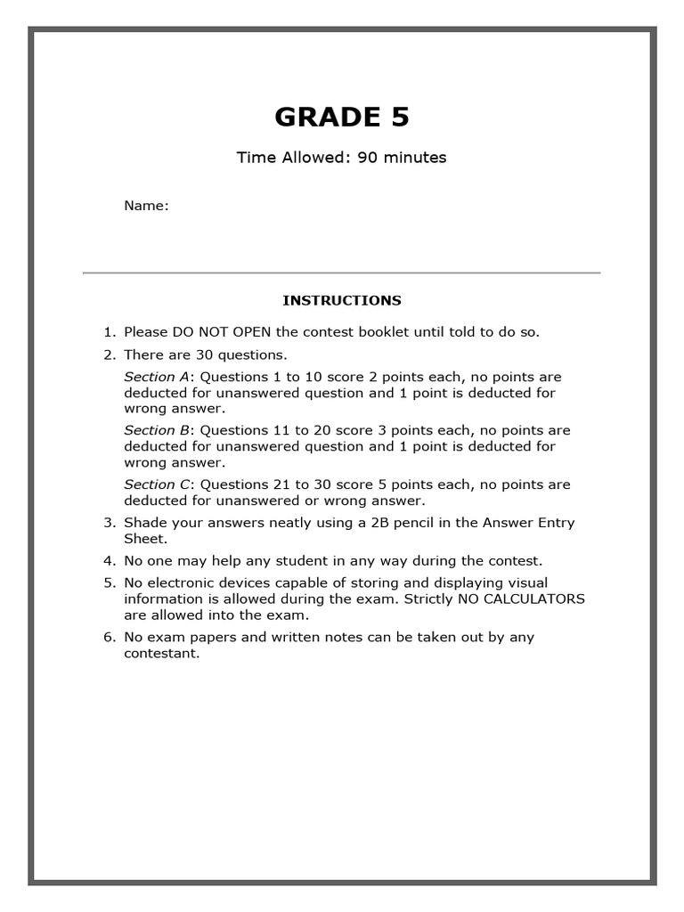 Grade 5 Math Contest Questions | PDF | Area | Mathematics