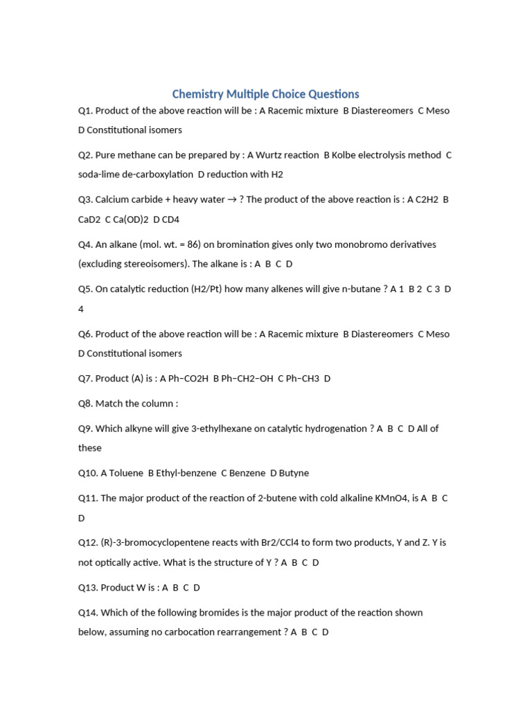 Chemistry MCQs on Organic Reactions | PDF | Chemical Reactions ...