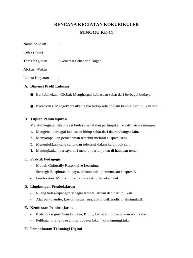 Rencana Kegiatan Kokurikuler Minggu Ke 11 | PDF