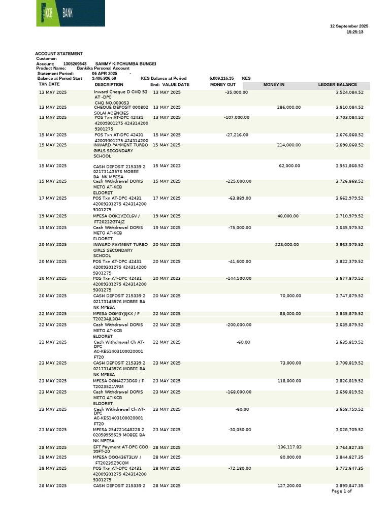 Sammy Bungei Account Statement 2025 | PDF | Money | Cash