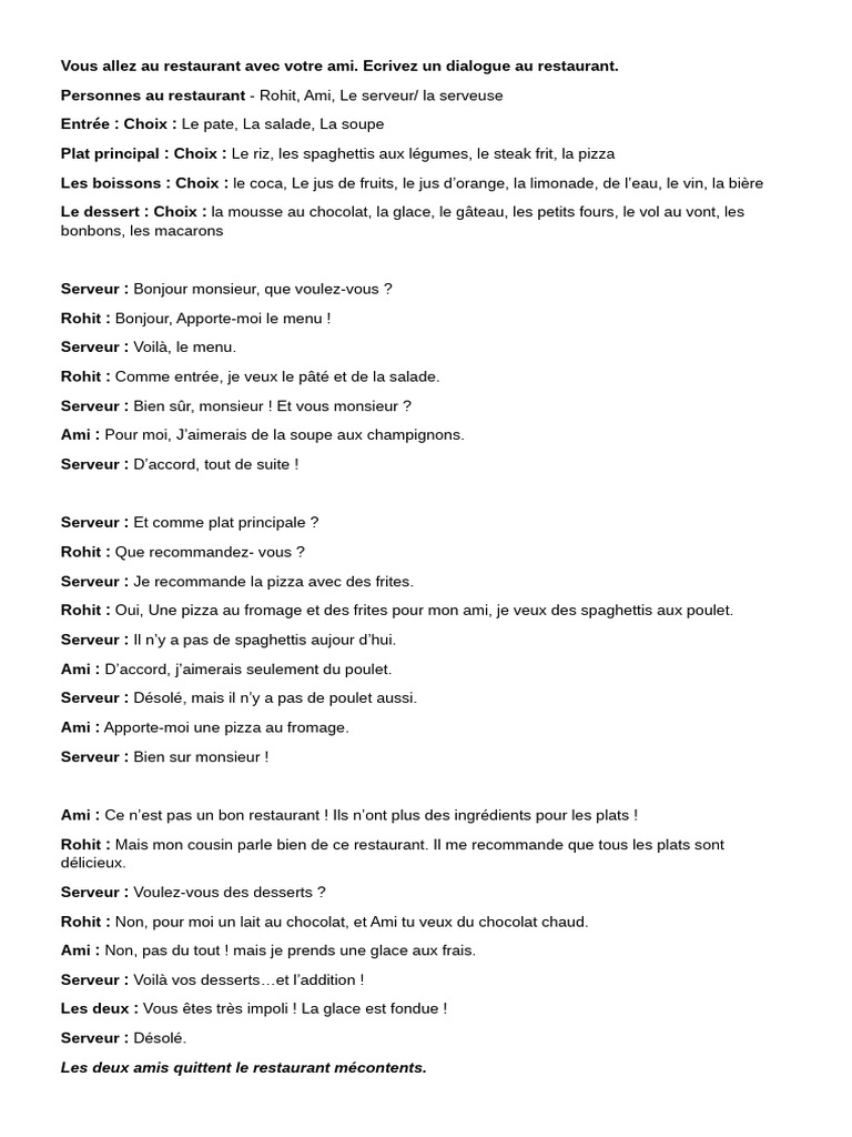 Le Dialogue Au Restaurant | PDF
