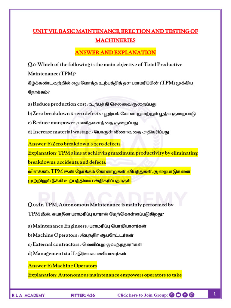 Basic Maintenance, Erection and Testing of Machineries - Answer | PDF