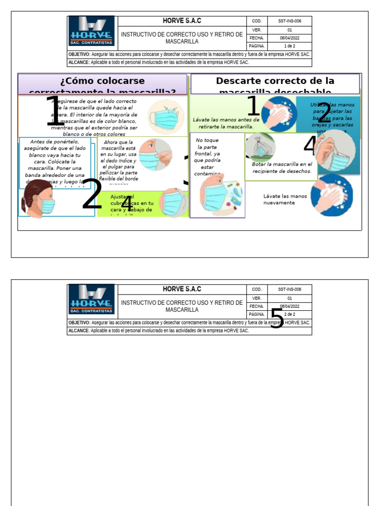 Horve - SST - Ins - 006 Instructivo Uso y Retiro de Mascarilla | PDF