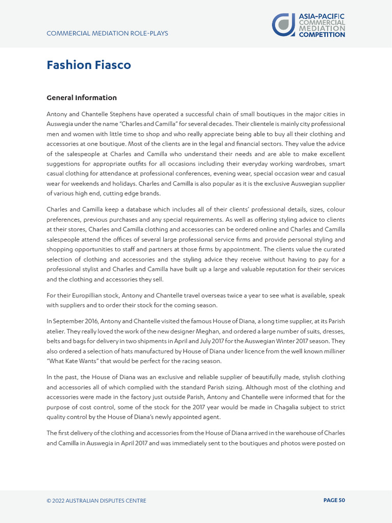 Commercial Mediation Case Study: Fashion Fiasco | PDF | Clothing ...