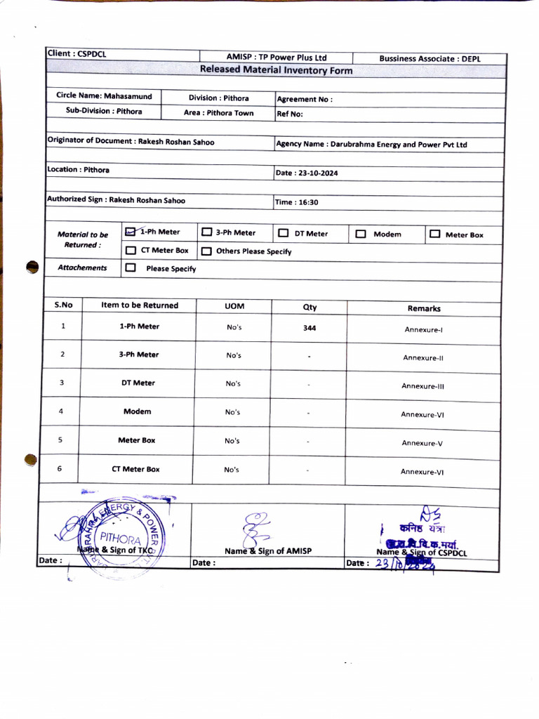 15th, Old MTR Handover - CSPDCL 344nos - 23-10-2024 | PDF