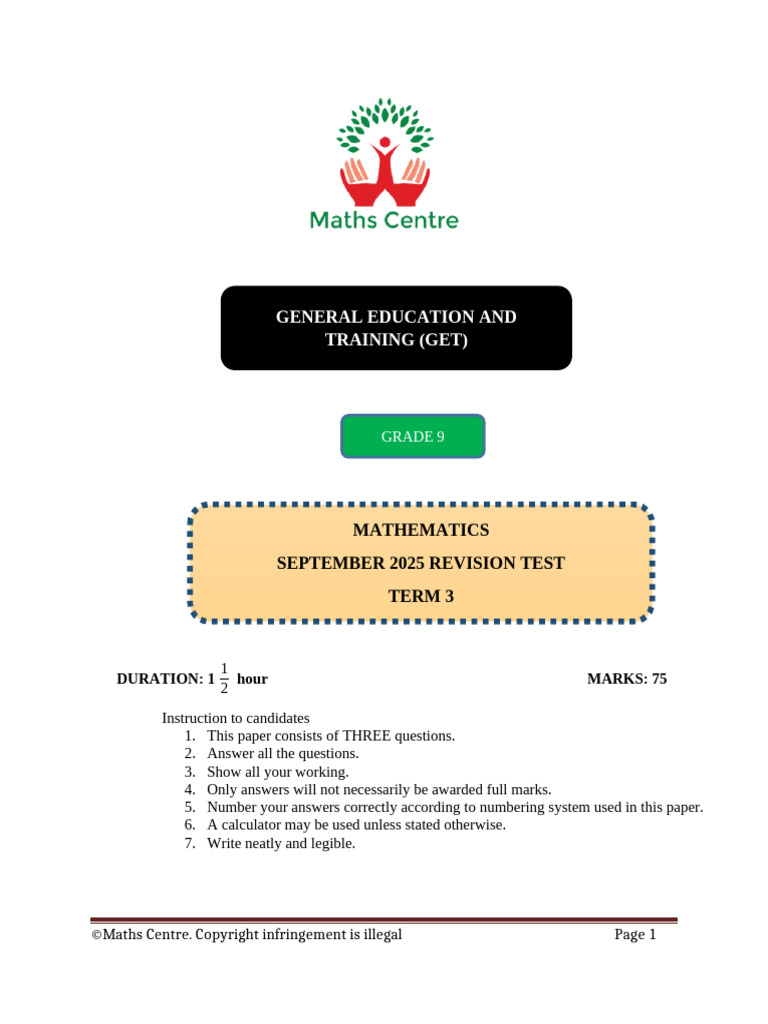 Grade 9 Revision Term 3 Test | PDF | Cartesian Coordinate System ...