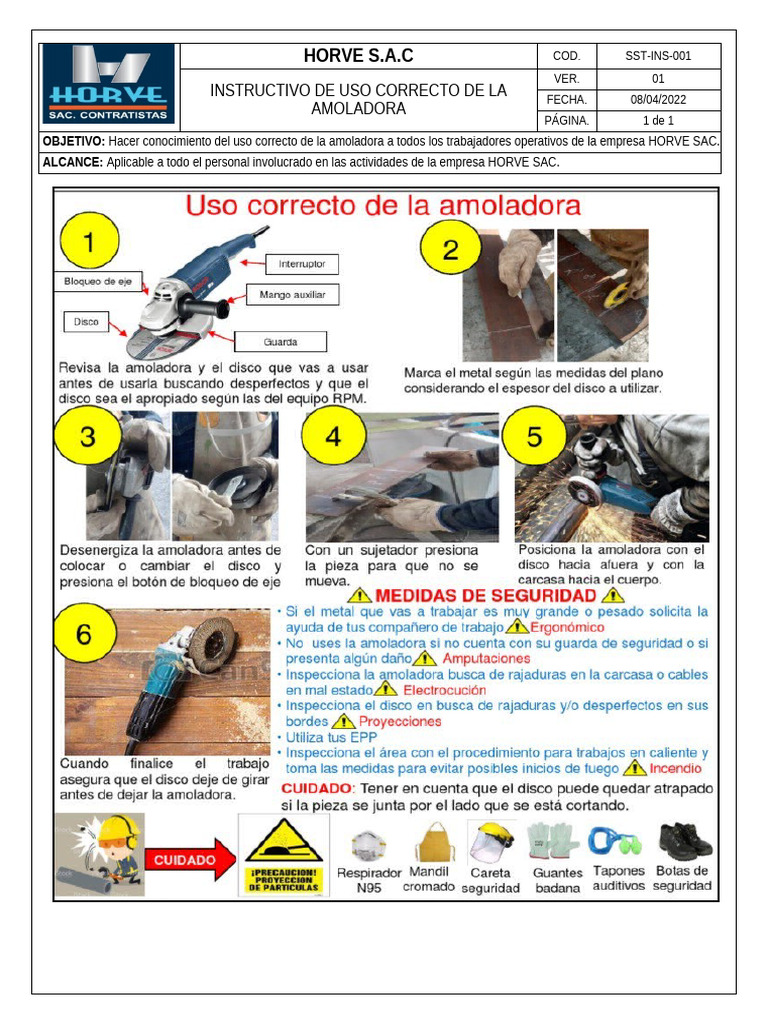 Uso Correcto de la Amoladora en HORVE S.A.C | PDF