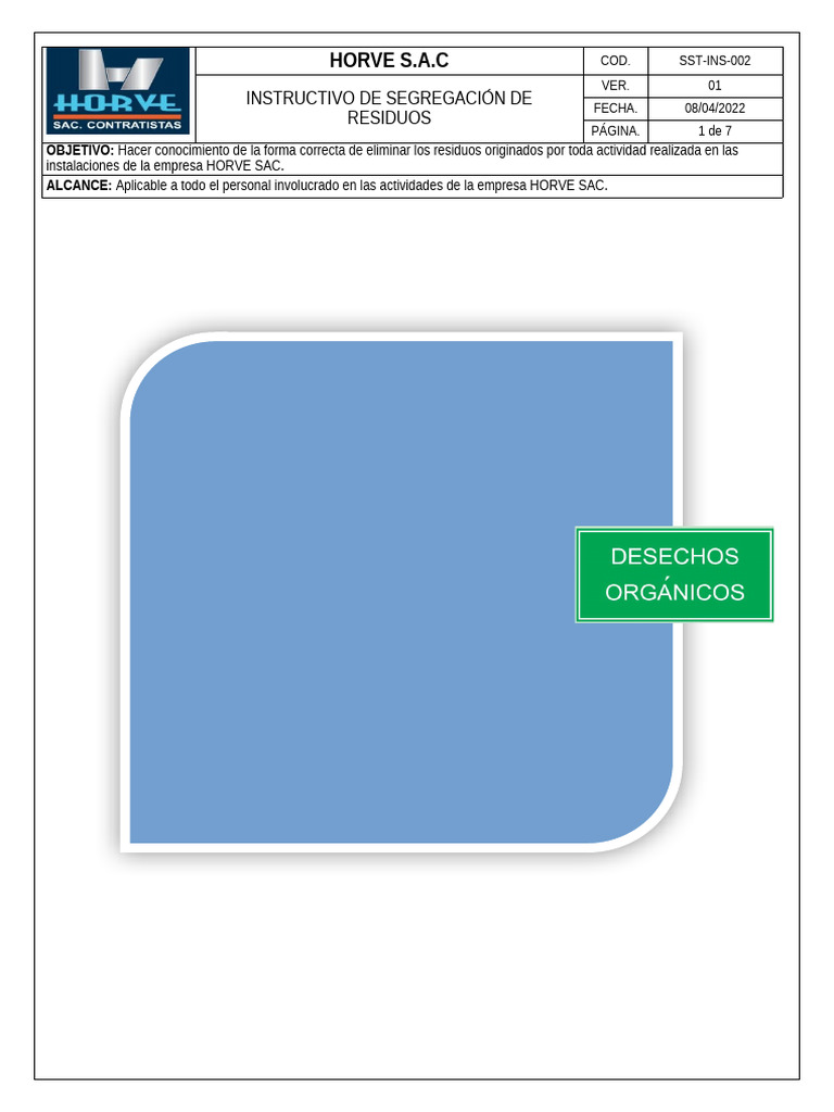 Horve - SST - Ins - 002 Instructivo de Segregación de Residuos | PDF