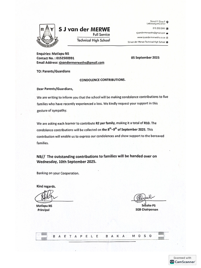 Condolence Contributions Letter | PDF