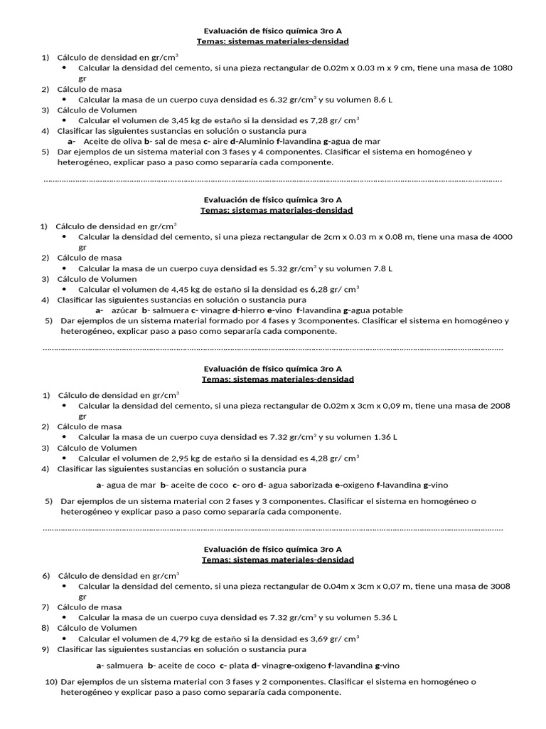 Evaluación de Físico Química 3ro A | PDF | Densidad | Volumen