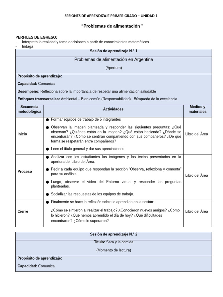Matematica1p - Sesiones Unidad 1 | PDF | Aprendizaje | Salón de clases